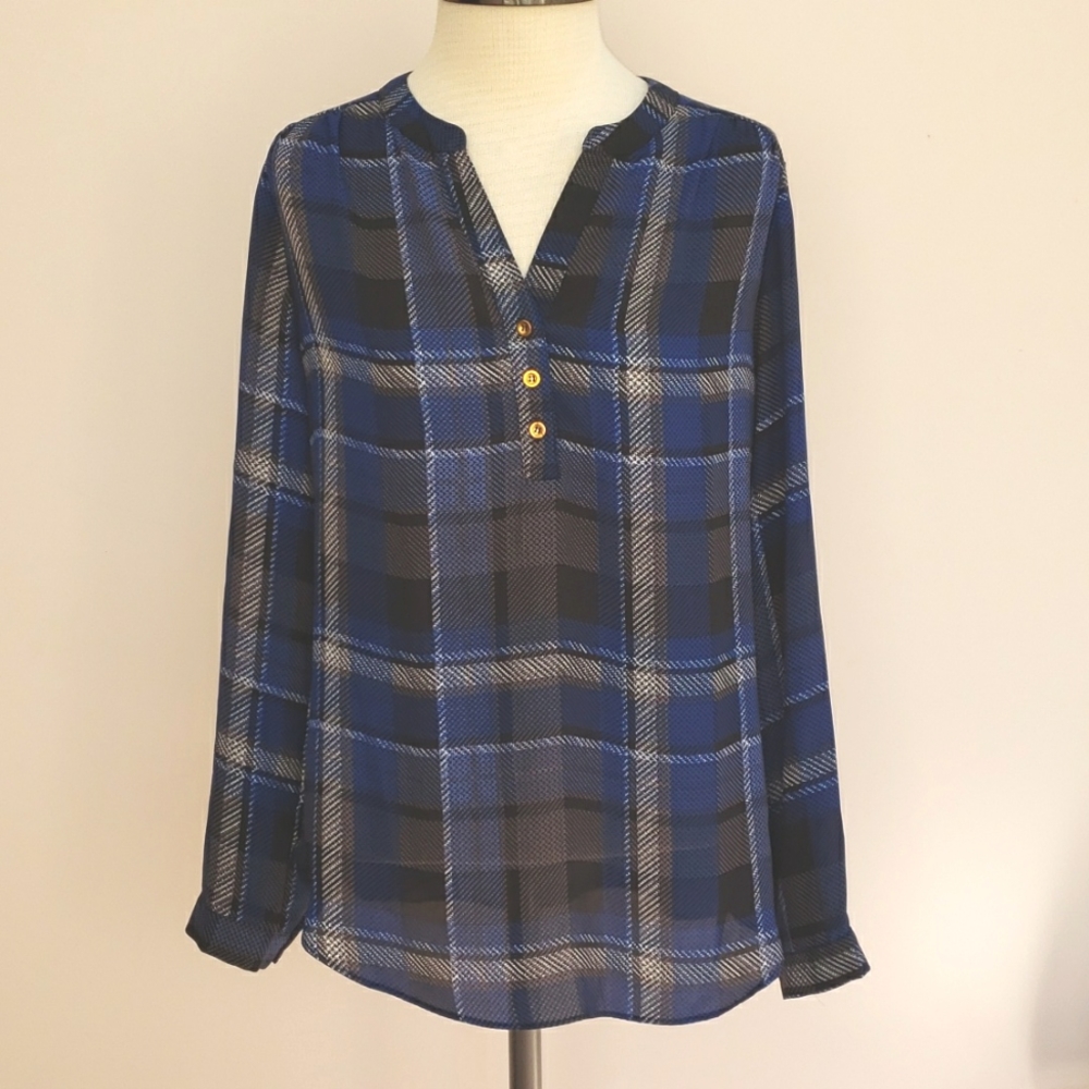 Zac & Rachel Black And Blue Plaid Popover Blouse With… - Gem